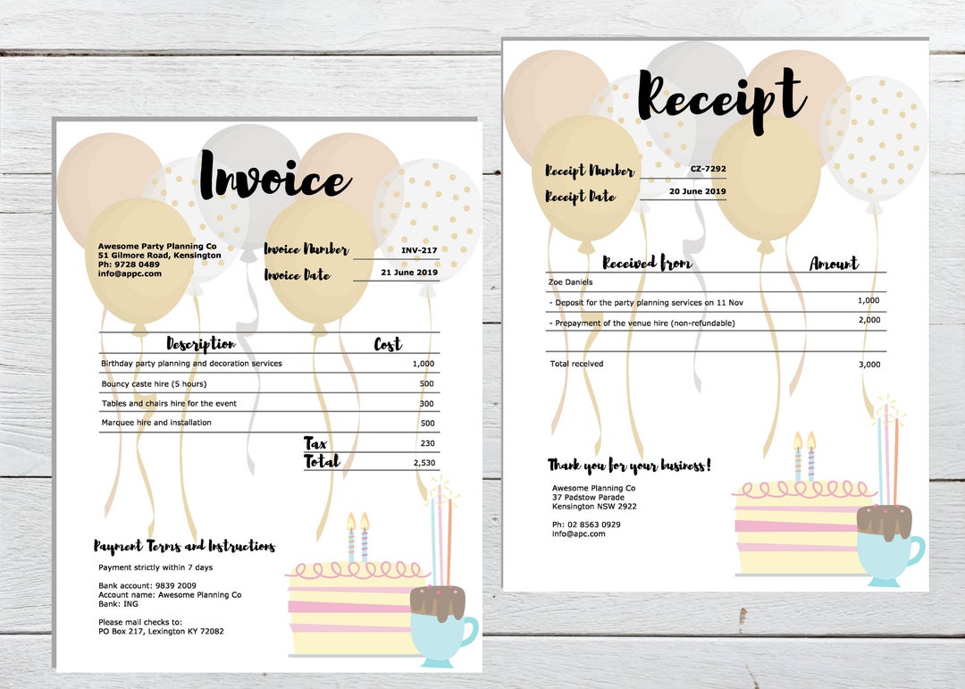 Event Planning Invoice Template and Receipt Template Bundle - Editable ...