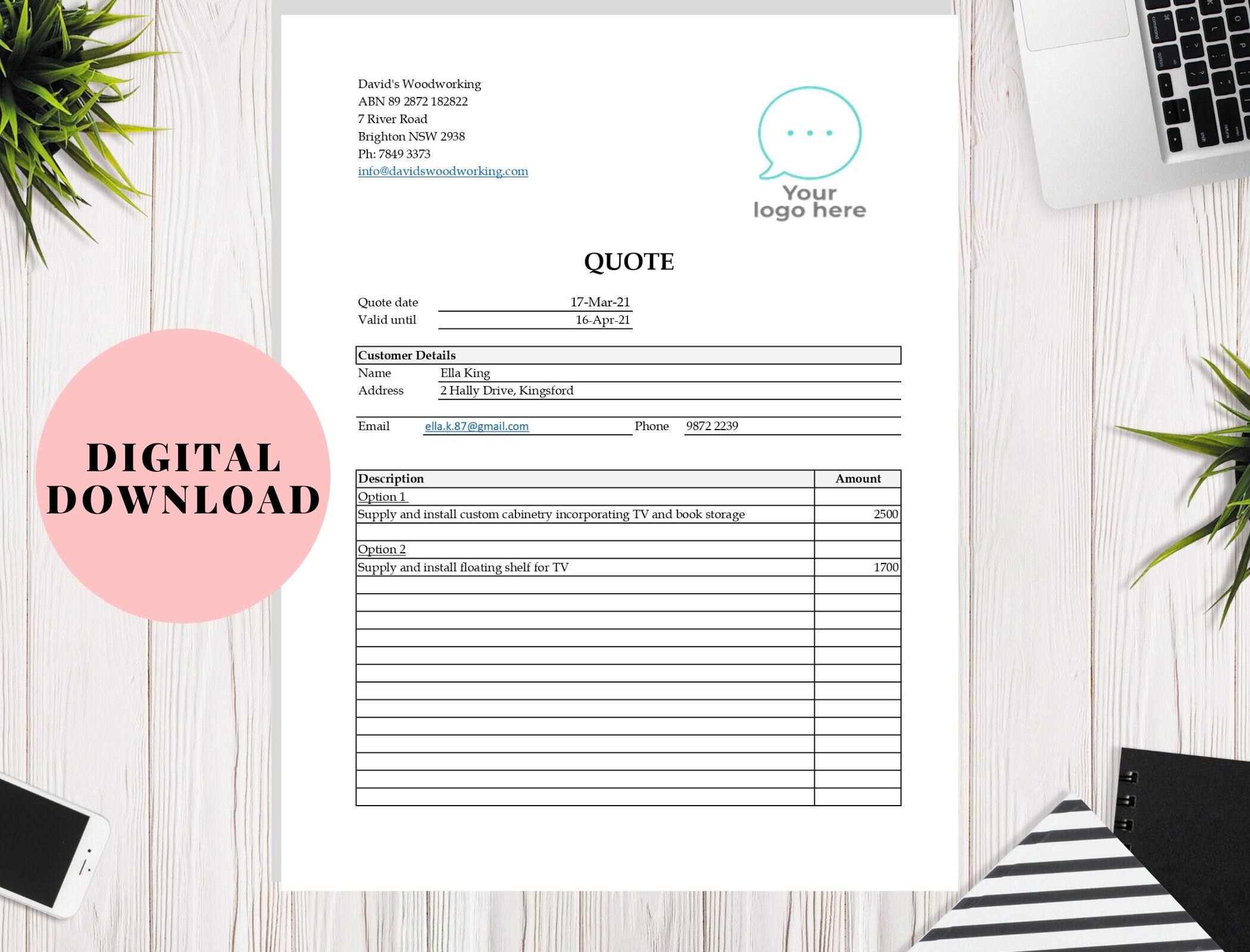 Excel Quote Form Template, Editable Quote, Add Your Own Logo, Business ...