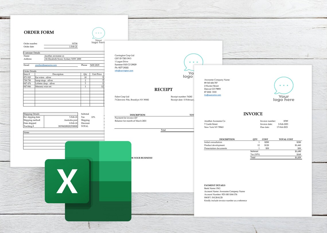 Excel Invoice Template Bundle, Excel Receipt Template and Excel Order ...