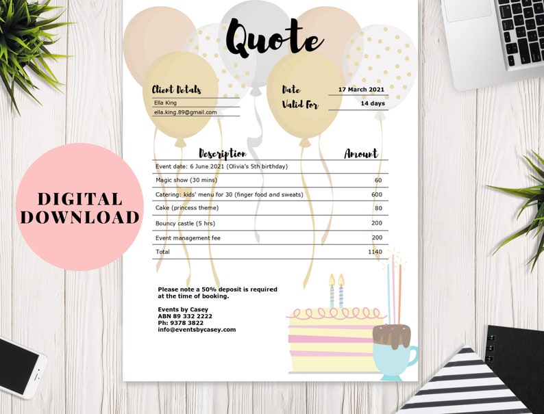 Event Planning Quote Form Template - Editable PDF, Party Planning ...