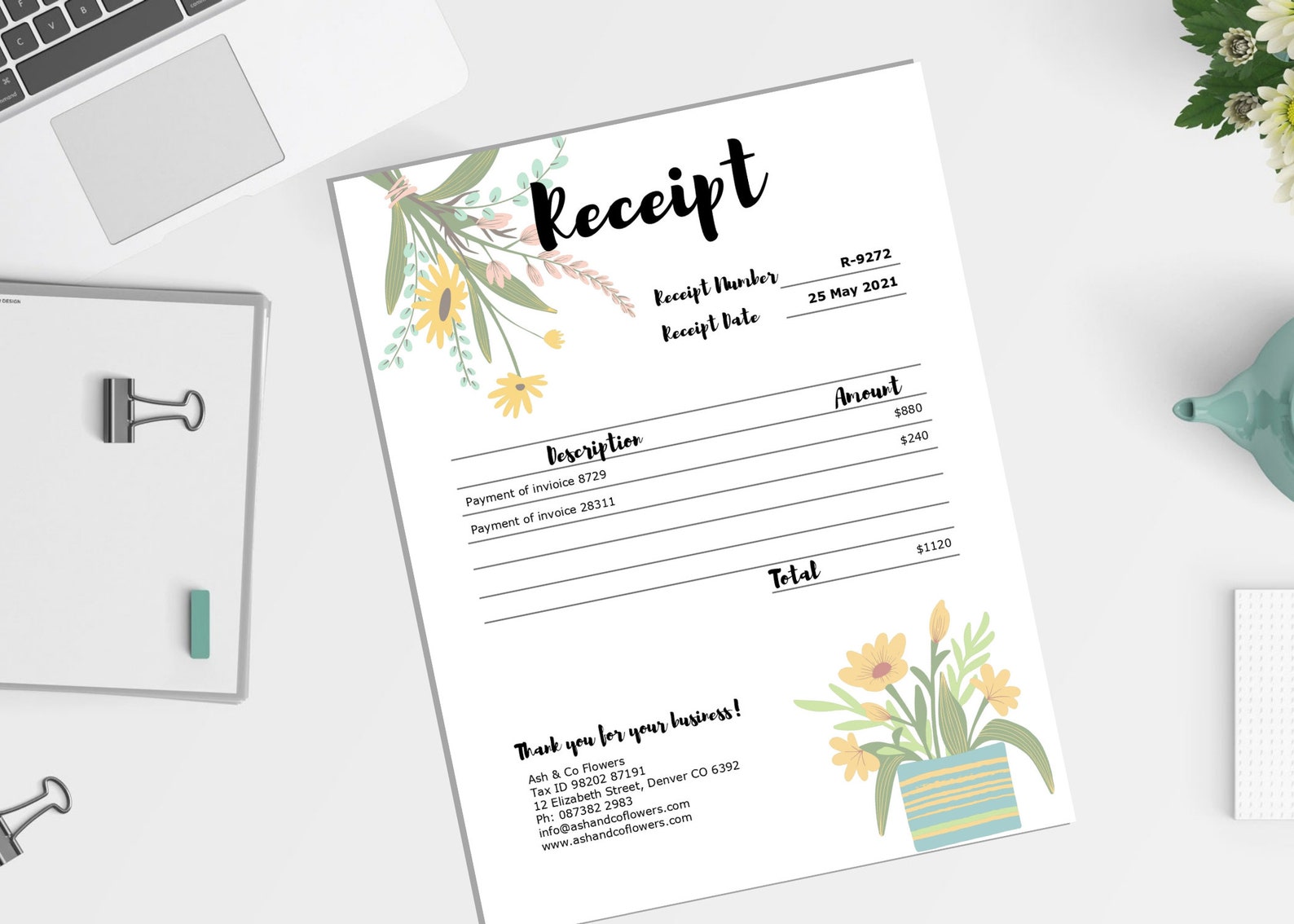 Floral Receipt Template, Flower Shop Business Form (digital Download ...