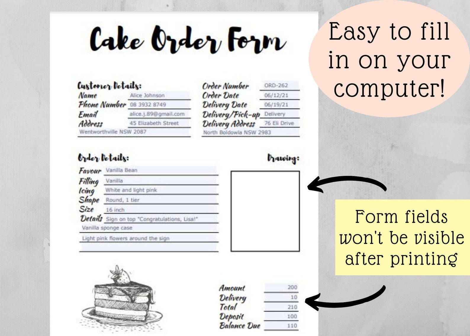 Wedding Cake Order Form Template, Bakery Order Form, Cake Business ...
