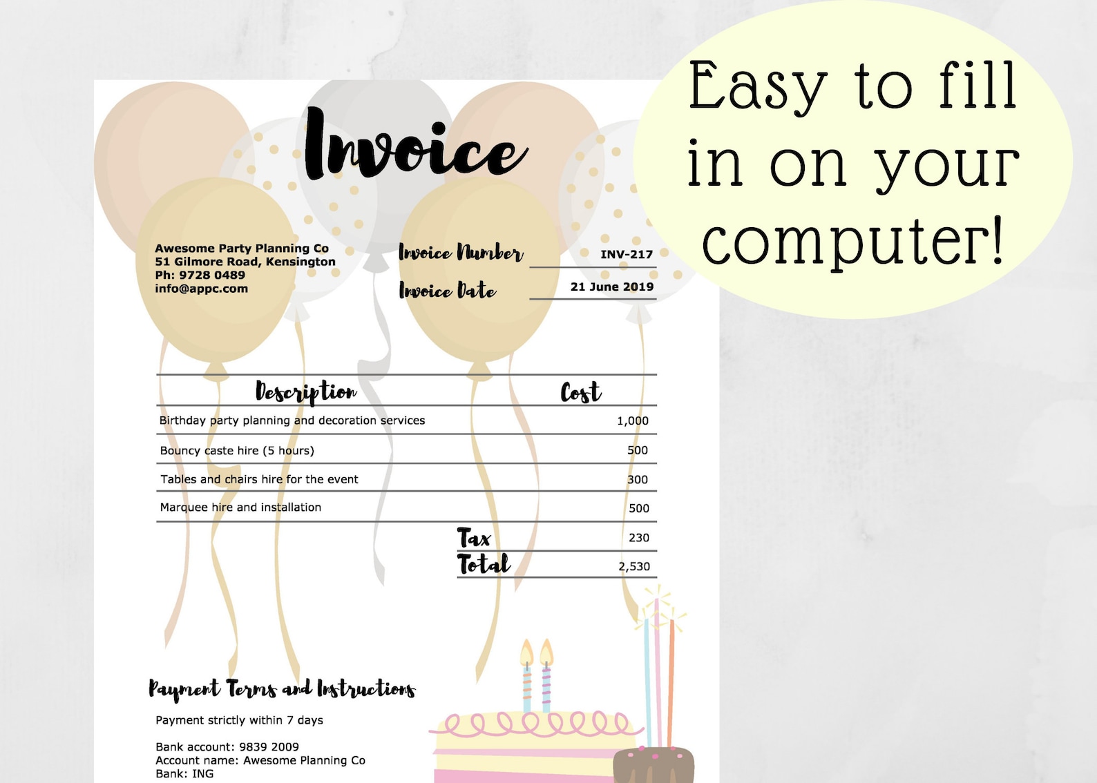 Event Planning Invoice Template and Receipt Template Bundle - Editable ...
