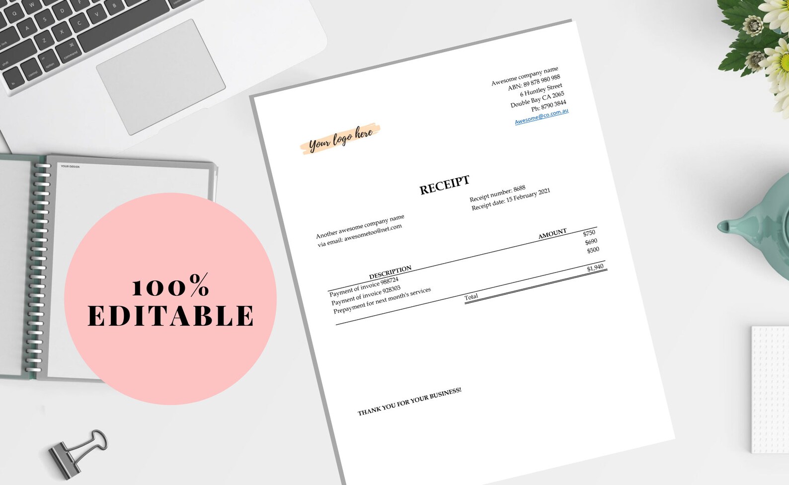 Excel Receipt Template, Editable Receipt, Add Your Own Logo, Small ...