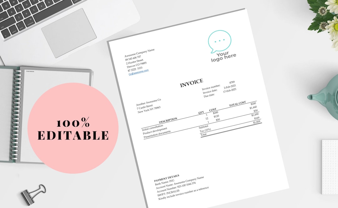 Excel Invoice Template, Editable Business Receipt, Add Your Logo (digital Download) - Etsy