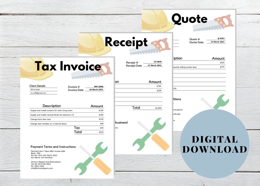 Handyman Business Invoice Template, Receipt Template and Quotation Form ...