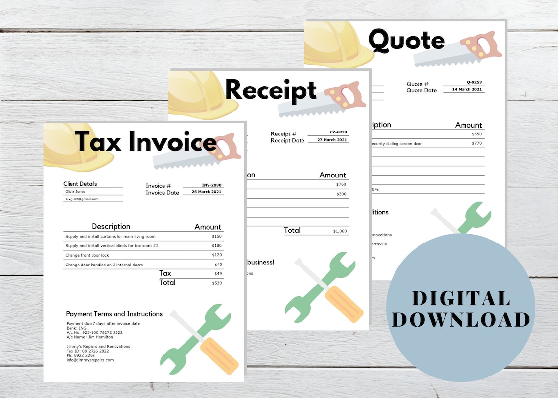 Handyman Business Invoice Template, Receipt Template and Quotation Form ...