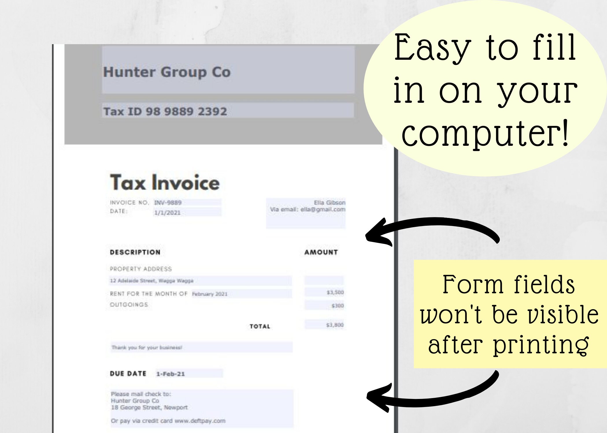 Rent Invoice Template - Editable PDF - Commercial Property, Industrial ...