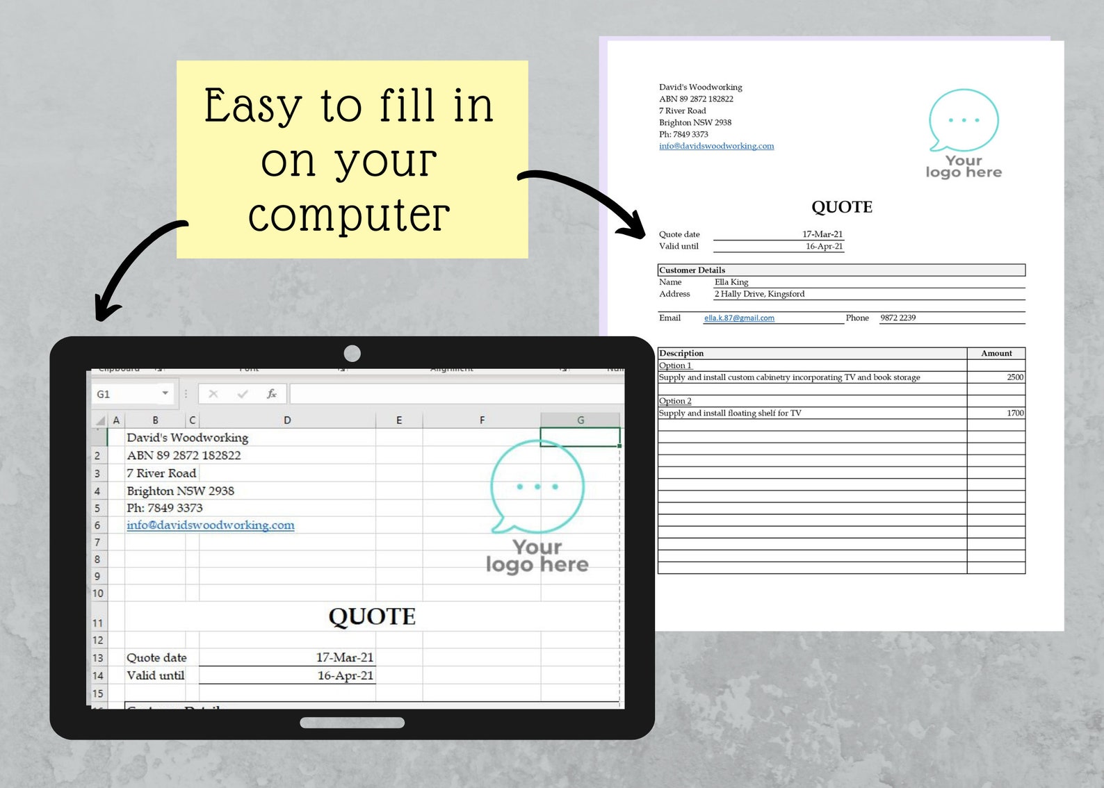 Excel Quote Form Template, Editable Quote, Add Your Own Logo, Business ...