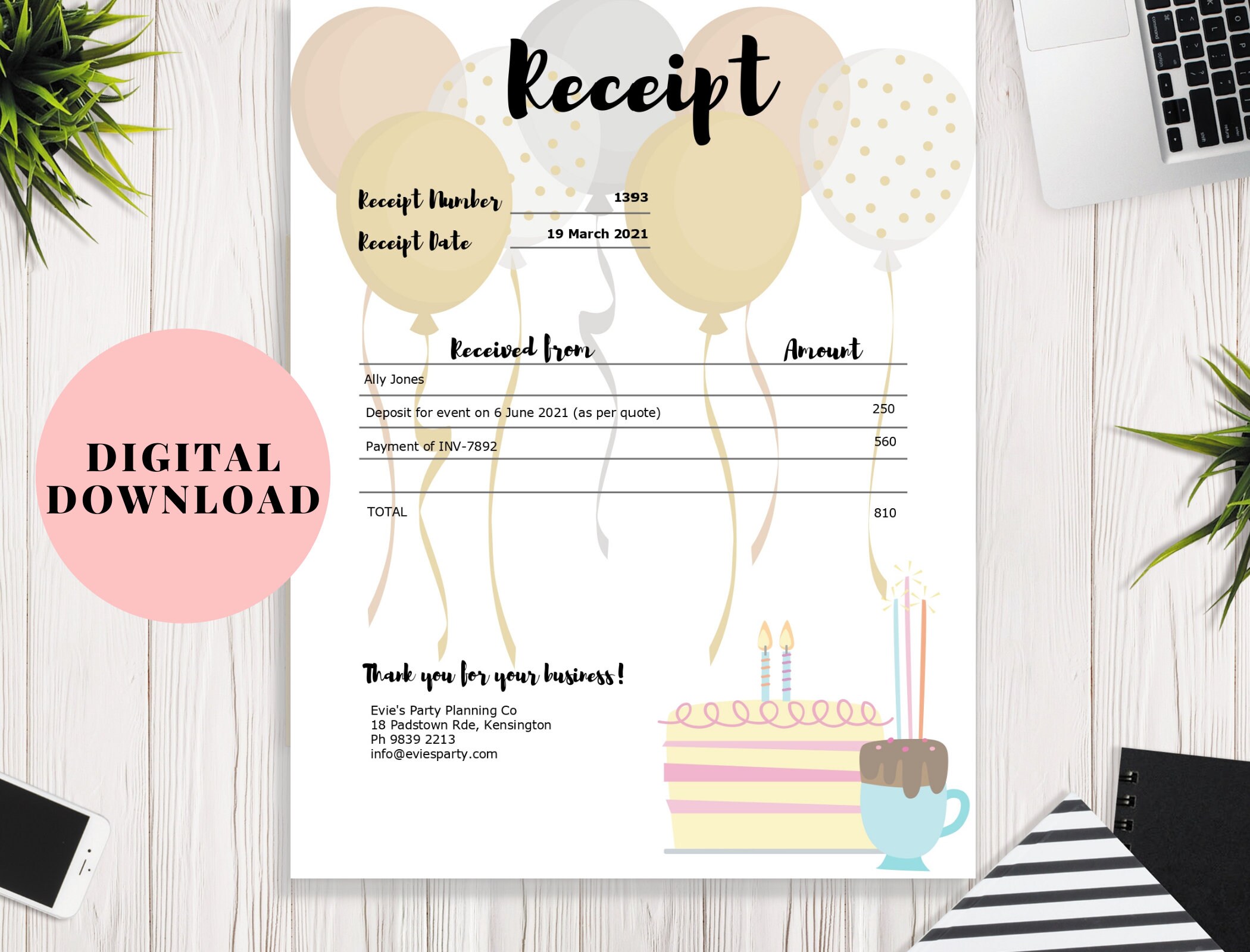 Event Planning Receipt Template, Editable PDF Download, Party Planning ...