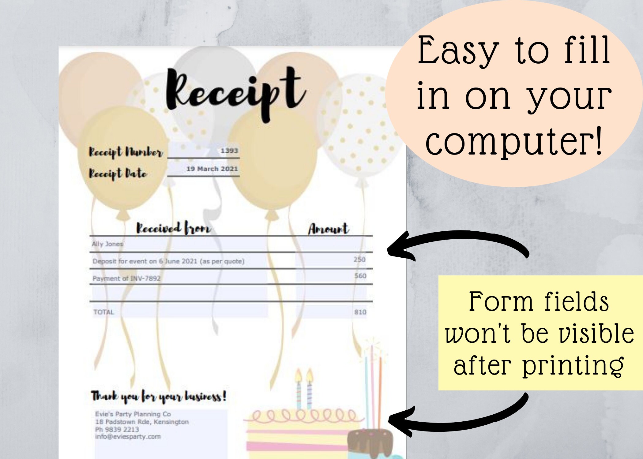 Event Planning Receipt Template, Editable PDF Download, Party Planning ...