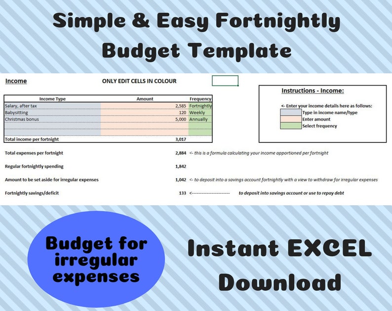 Simple Fortnightly Budget Template EXCEL Instant Download Etsy Simple Fortnightly Budget Template EXCEL Instant Download Etsy