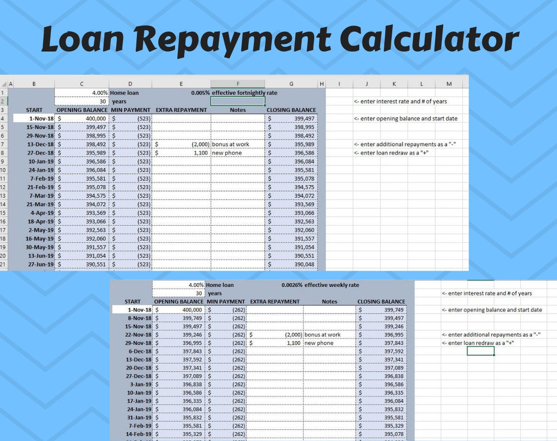 Excel Loan Repayment Calculator Debt Payoff Tracker Instant Etsy