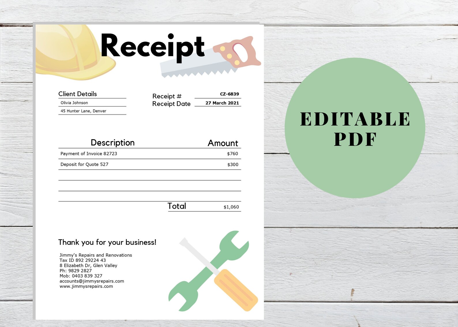 Handyman Business Invoice Template, Receipt Template and Quotation Form ...