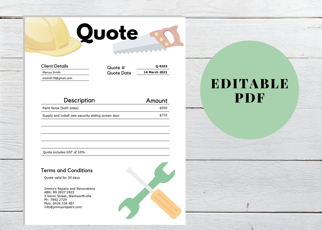 Handyman Quote, Handyman Business Quote Form Template, Handyman Service ...