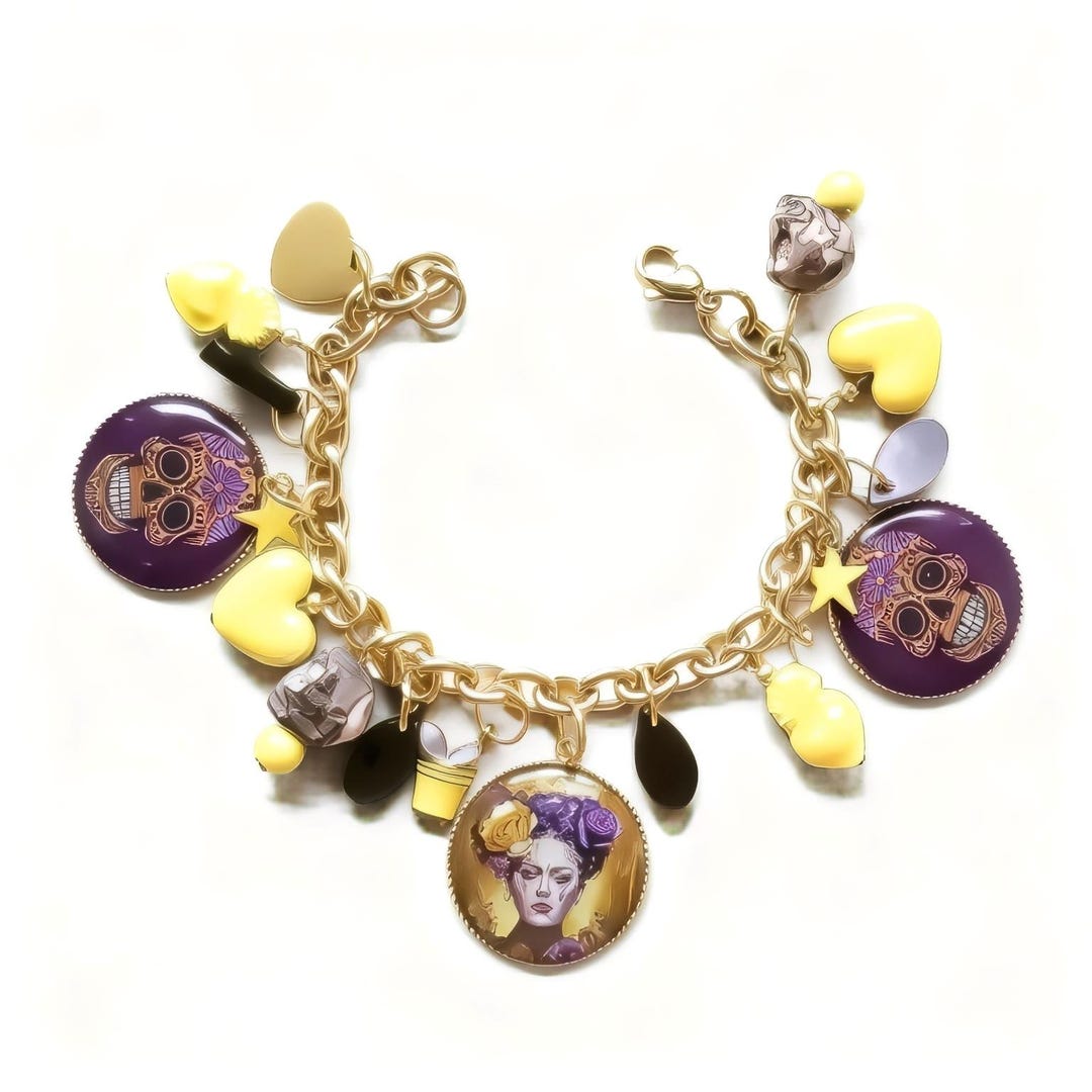 Frida Kahlo Charm Bracelet - Mexican Art Jewelry - Yellow and Purple - Etsy