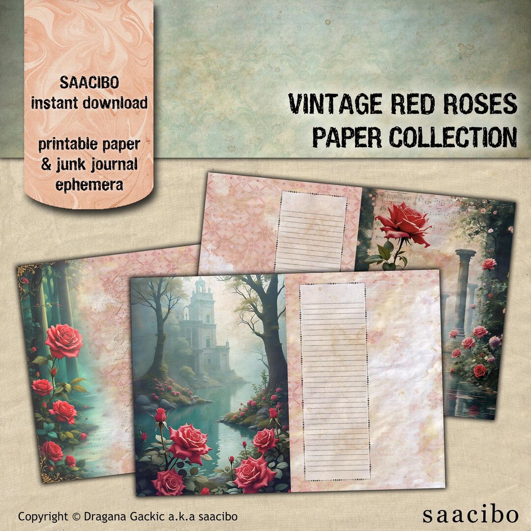 Vintage Red Roses Paper Collection: Junk Journal Ephemera (digital ...