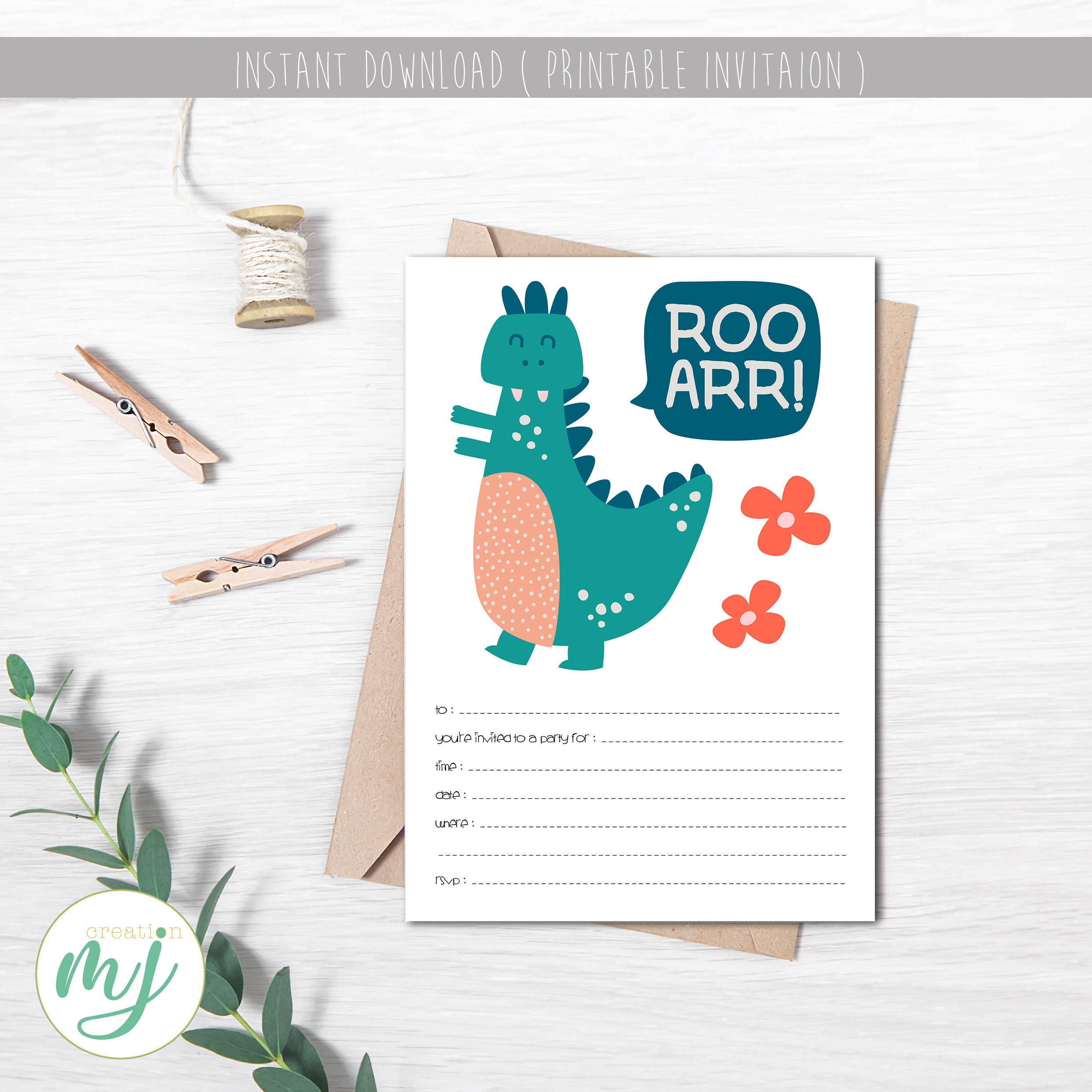 Dinosaur Birthday Invitation Instant Download Blank Printable Invite ...