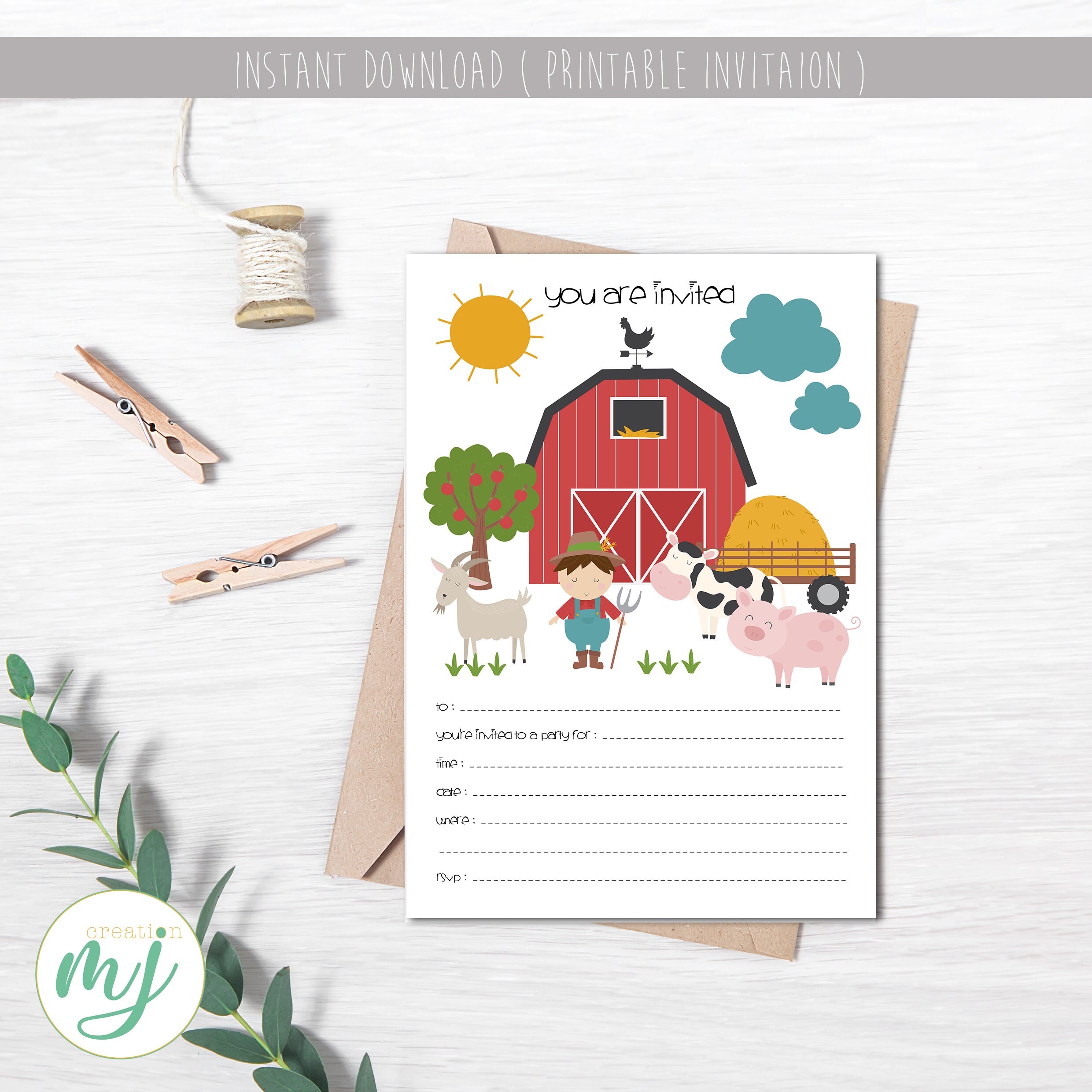 Farm Yard Birthday Invitation Instant Download blank | Etsy