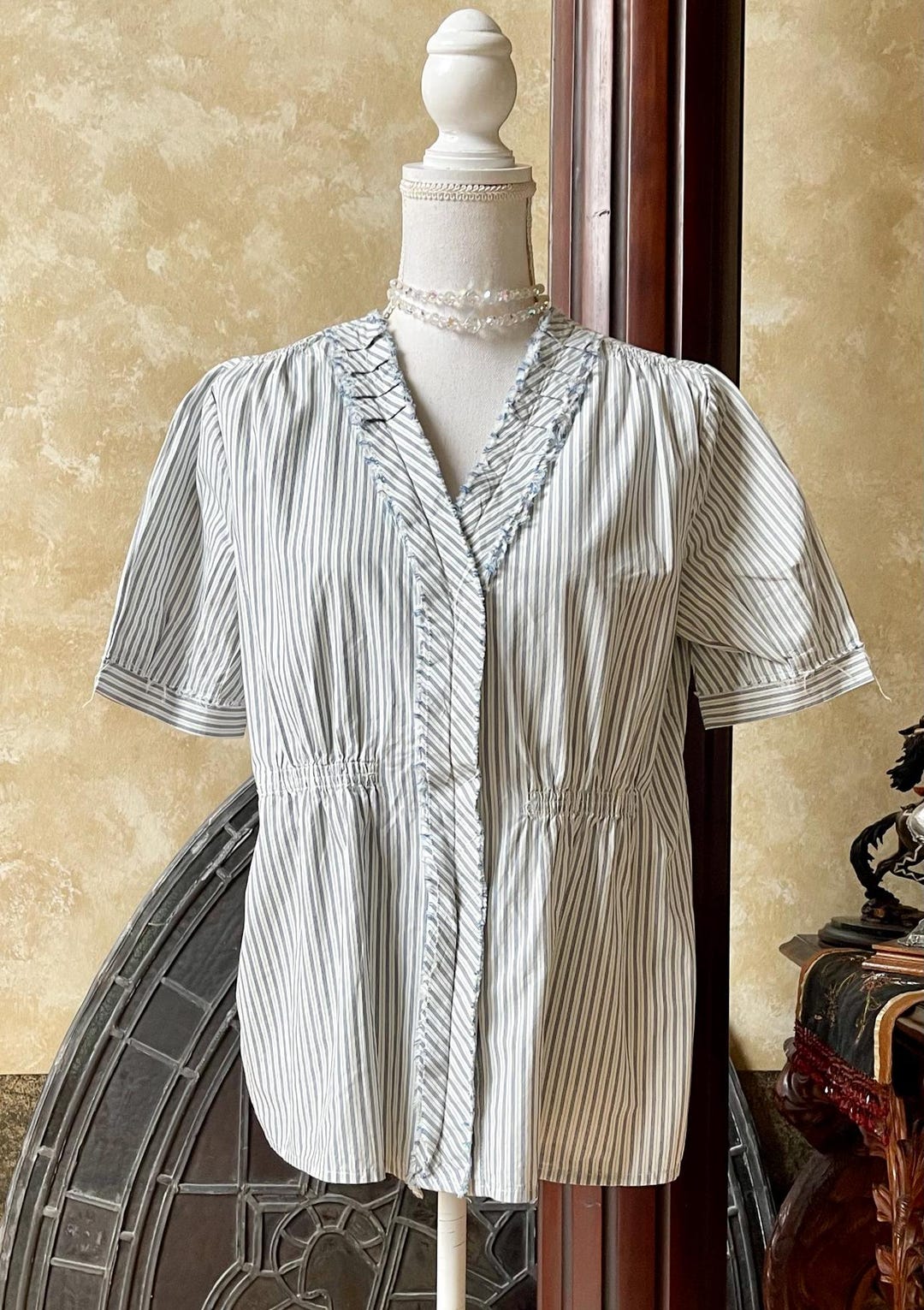 Vintage Converse All Star White & Blue Striped Cinched Waist Button up ...