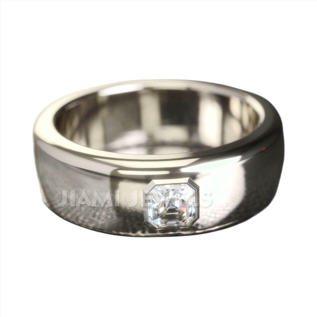 Bezel Set Asscher Cut CZ Diamond Solitaire Ring - Unisex Wedding ...