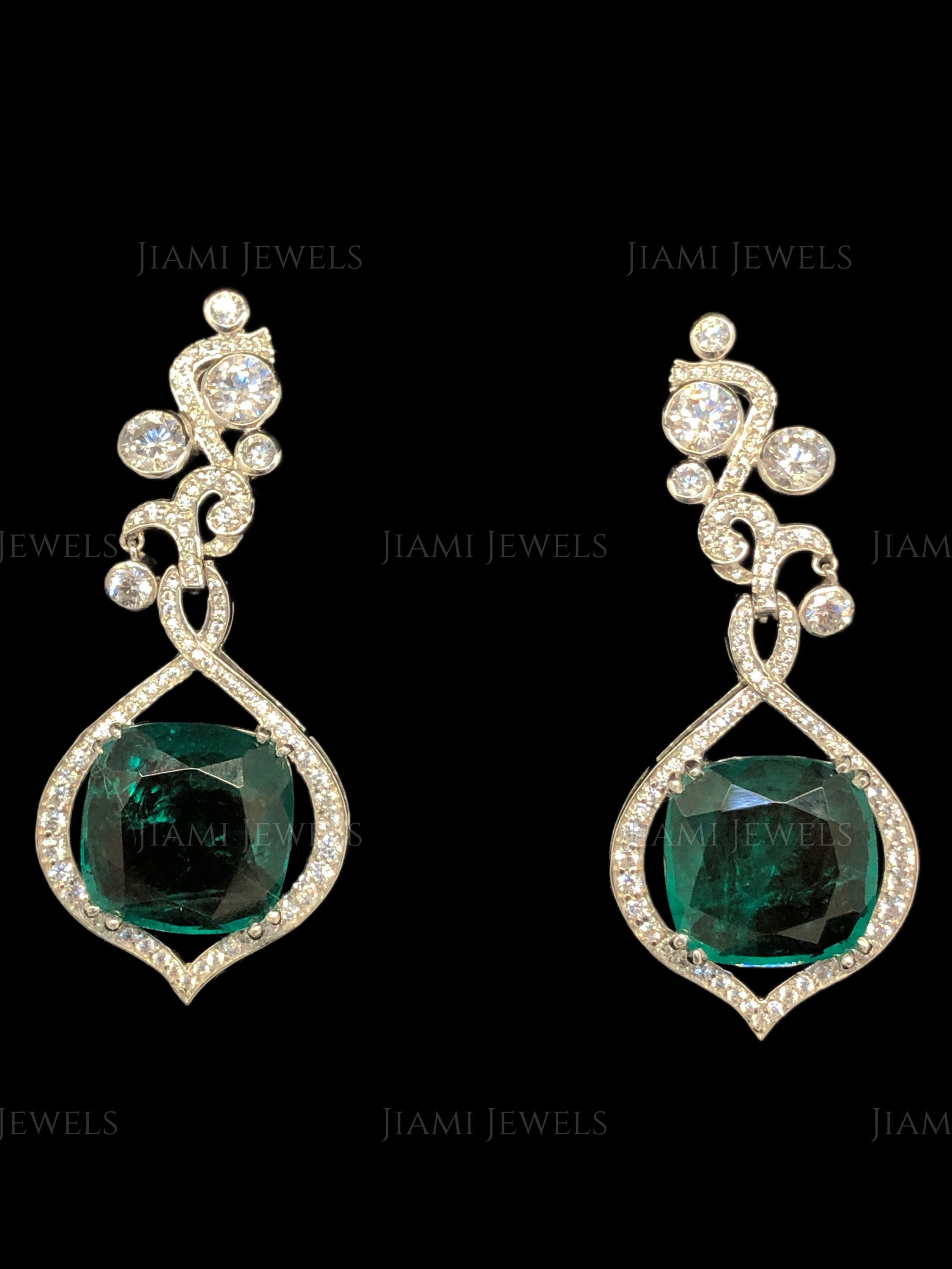 Square Emerald Floral Dangle Earrings Silver, Bright Diamond CZ Drop ...