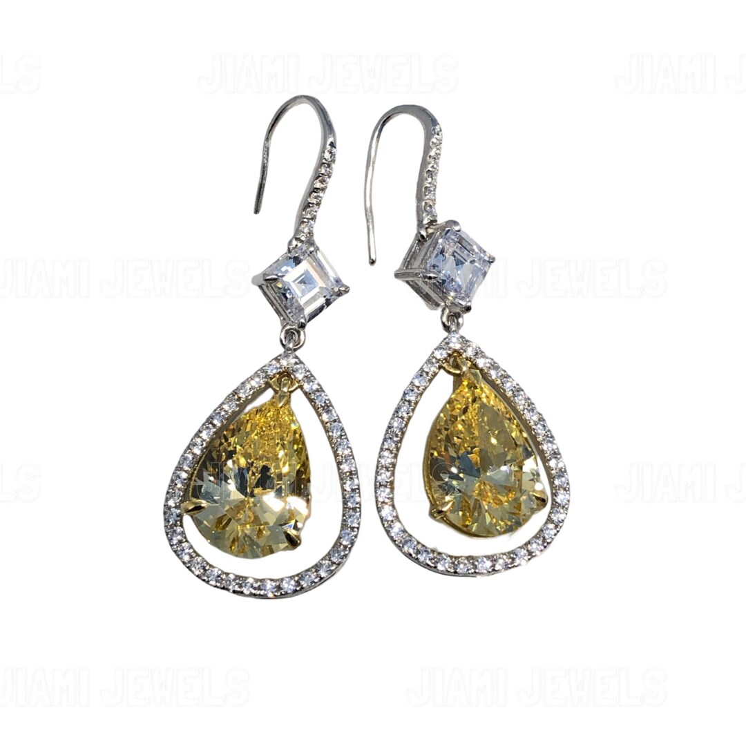 Pear Canary Yellow Simulated Diamond Drop Earrings | 925 Silver 14k ...