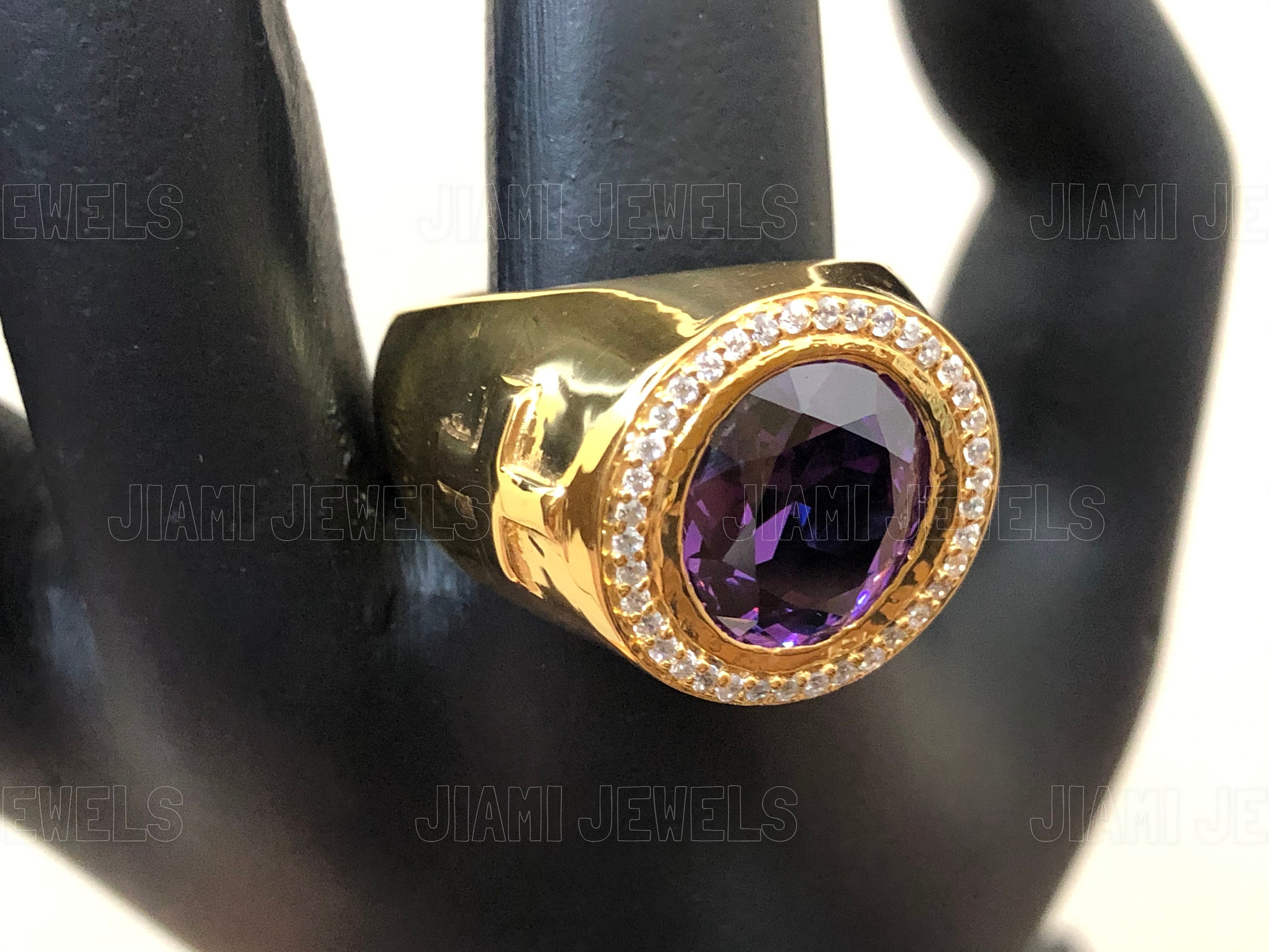 Bezel Set Amethyst CZ Diamond Mens Bishop Ring,amethyst Rings for Men 14k Yellow Gold Finish ...