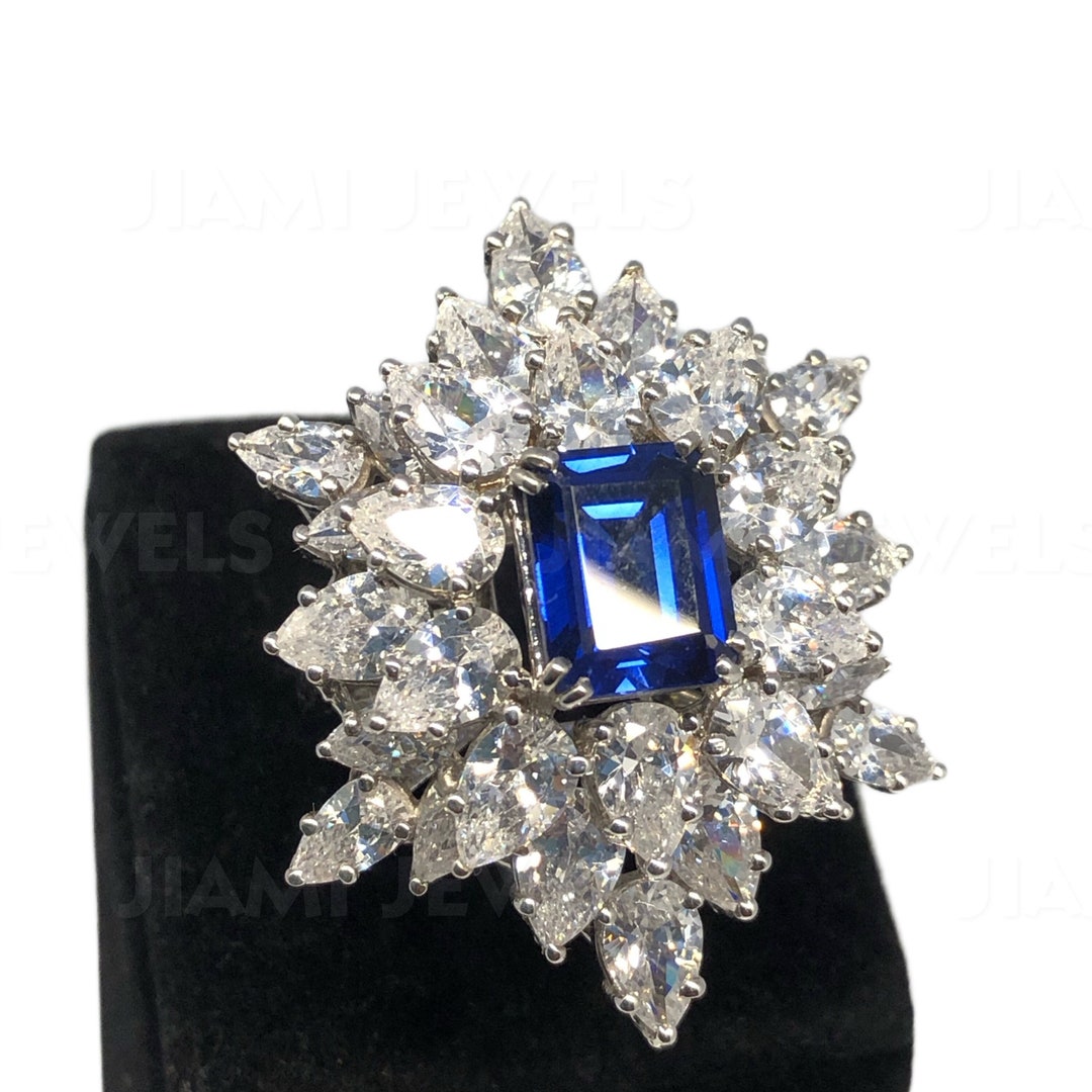 Floral Cluster Art Deco Ring With Emerald Cut Blue Sapphire CZ Diamond ...