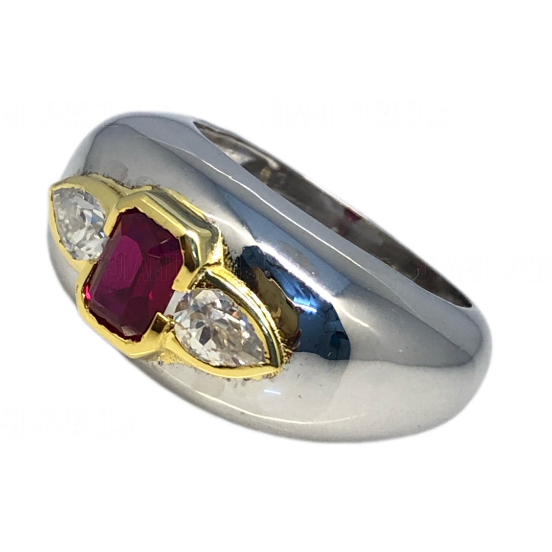 Bezel Set 2ct Emerald Cut Red Ruby Simulated Diamond 3 Stone Art Deco ...