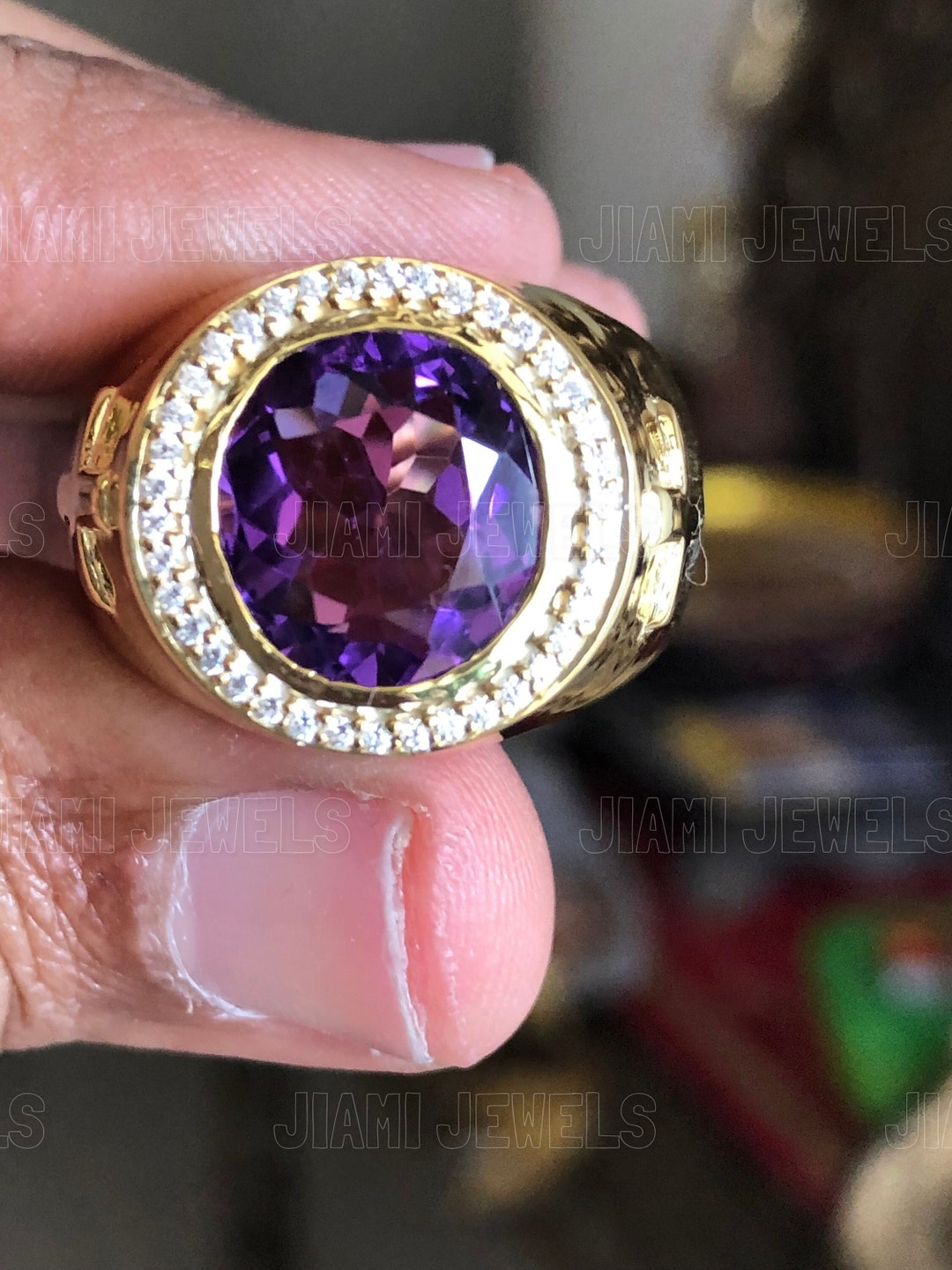 Bezel Set Amethyst CZ Diamond Mens Bishop Ring,amethyst Rings for Men ...