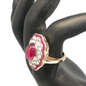 Bezel Set 6ct Cabochon Simulated Ruby Diamond Halo Deco Filigree ...