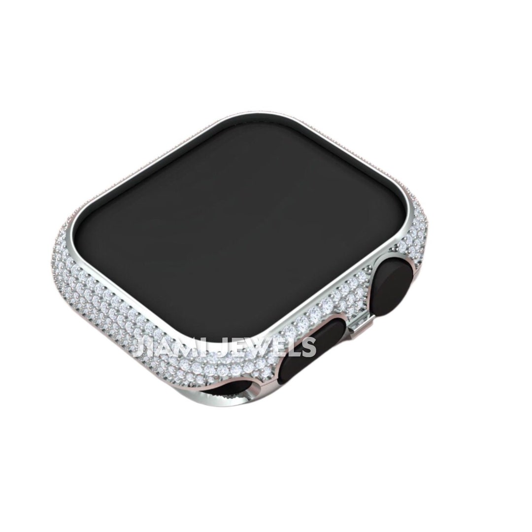 Moissanite Diamond Apple Watch Case: 14k White Gold Finish, 925 Silver ...
