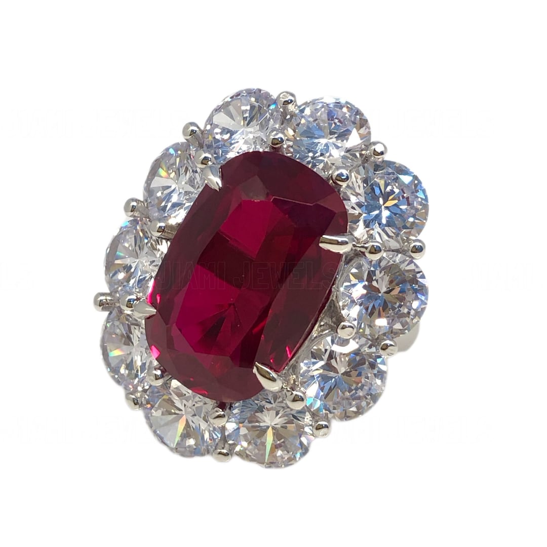 Big Vintage Ruby CZ Diamond Cocktail Ring - 14k White Gold Finish 925 ...
