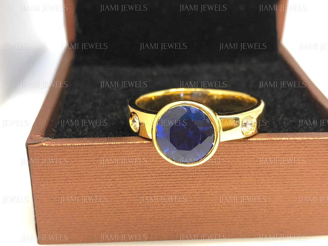 Chunky Bezel Set Three Stone Sapphire Diamond Cz Engagement Ring for ...