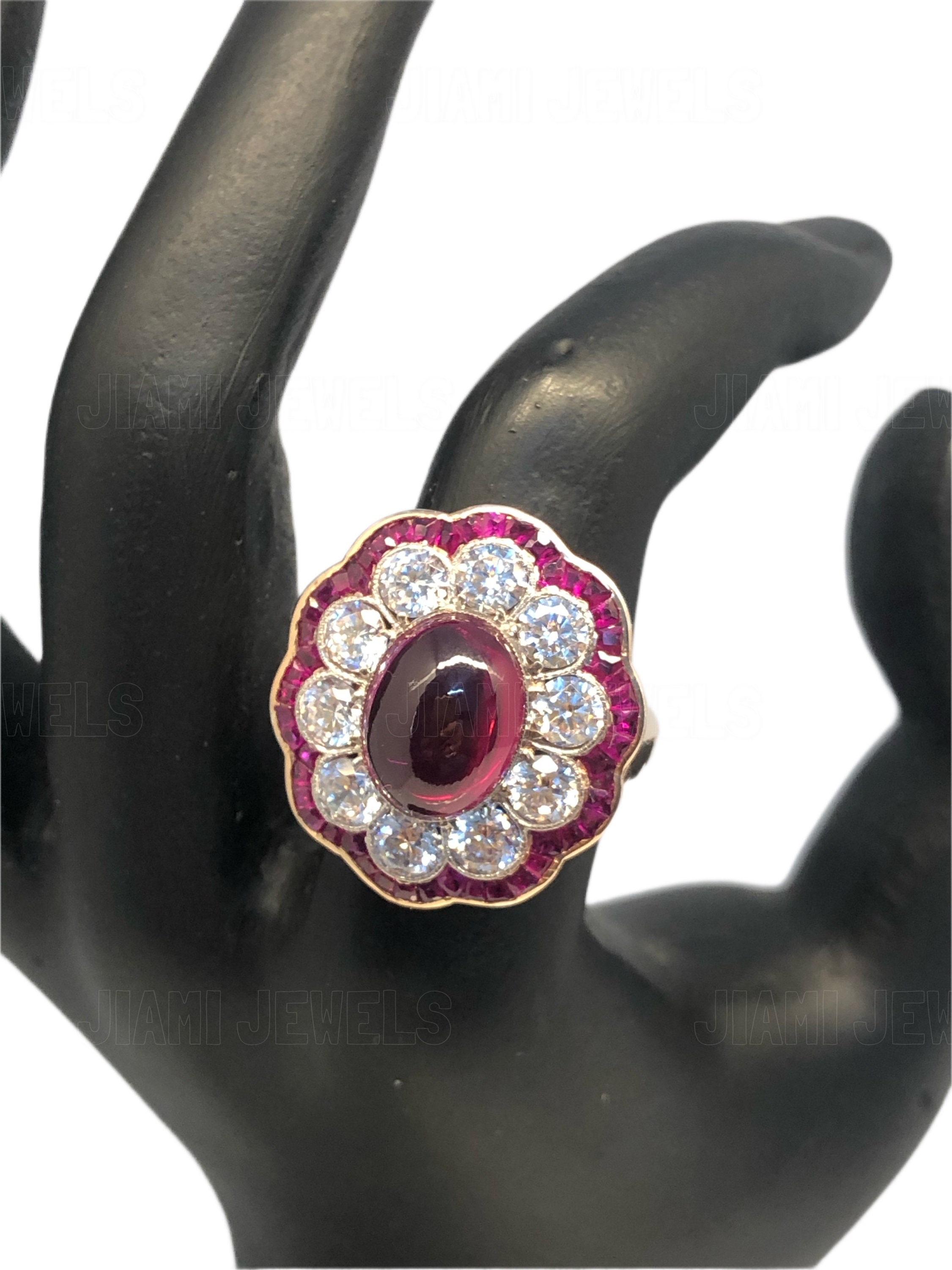 Edwardian Style Simulated Ruby Ring: CZ Diamond Halo, 14k Rose Gold ...