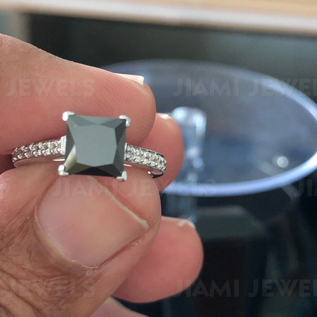 French Square Princess Cut Black Onyx CZ Diamond Engagement Ring 14k ...