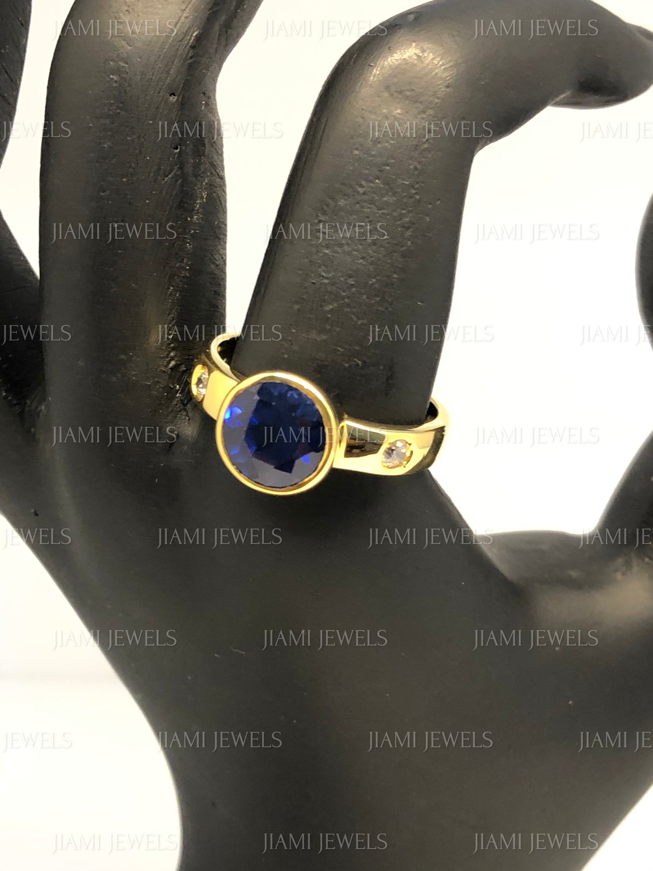 Chunky Bezel Set Three Stone Sapphire Diamond Cz Engagement Ring for ...
