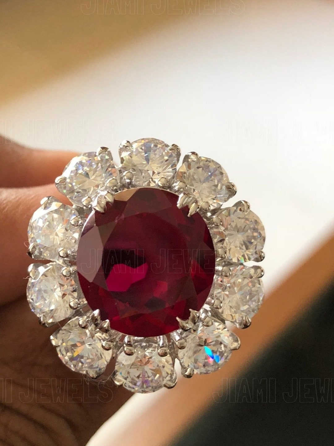 Art Deco Simulated Ruby Ring: Sterling Silver Flower Halo Cocktail Ring ...