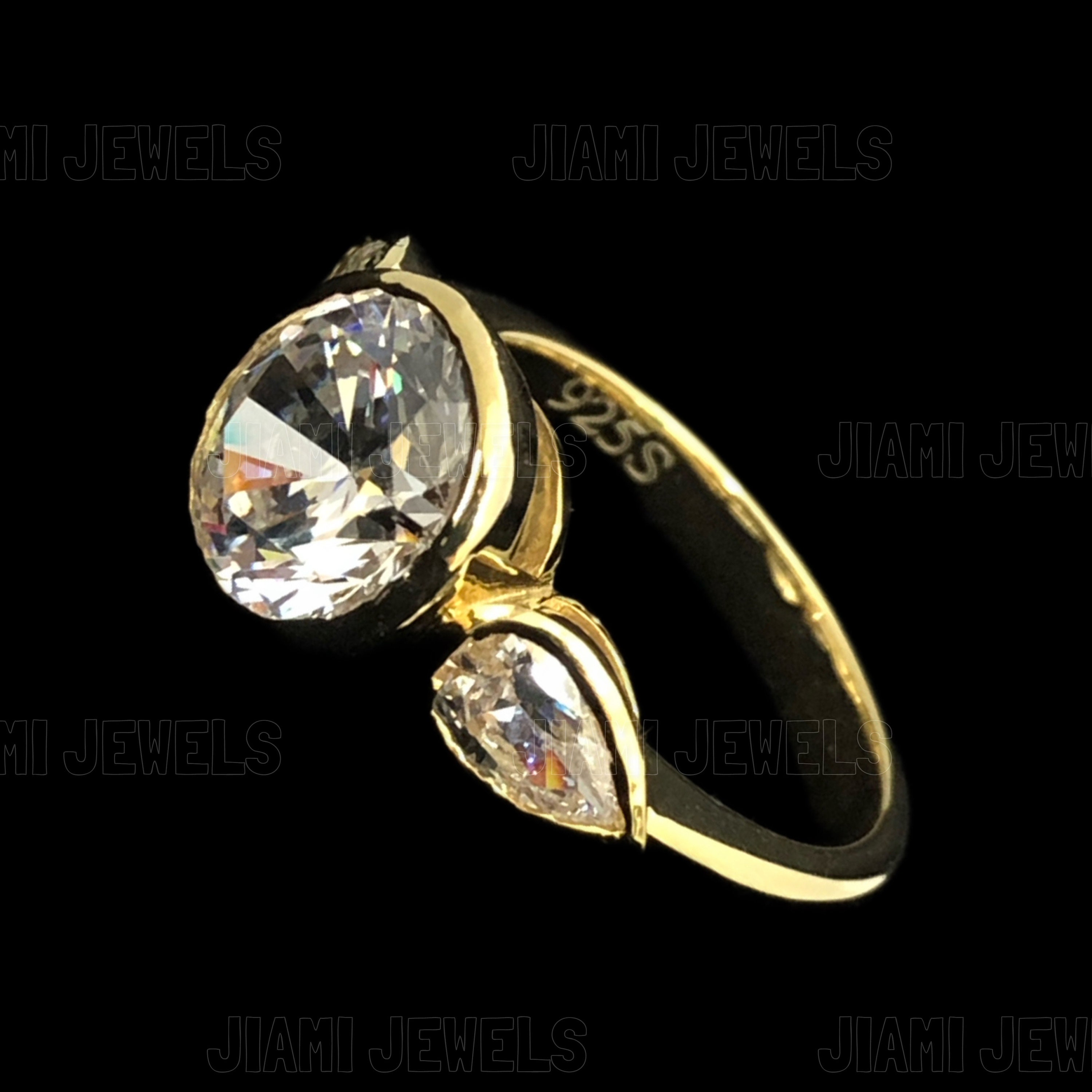 Bezel Set Three Stone Diamond CZ Engagement Ring Pear Side Flanked Deco ...