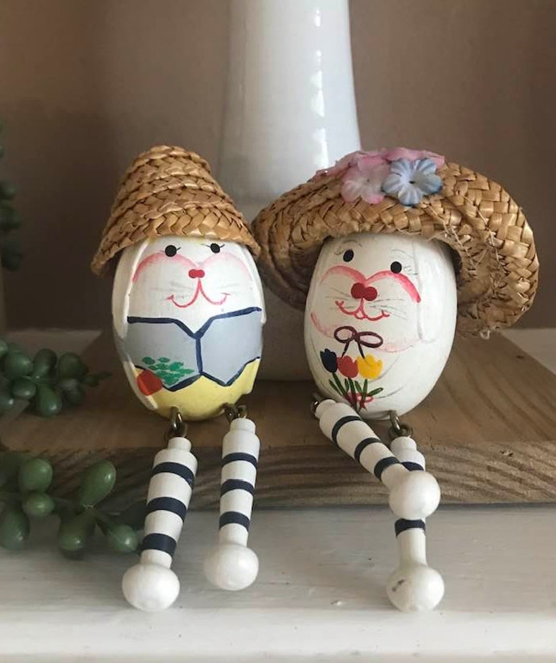 Vintage Wood Shelf Sitters Easter Bunny Pair Wooden Hand Painted Egg - Etsy