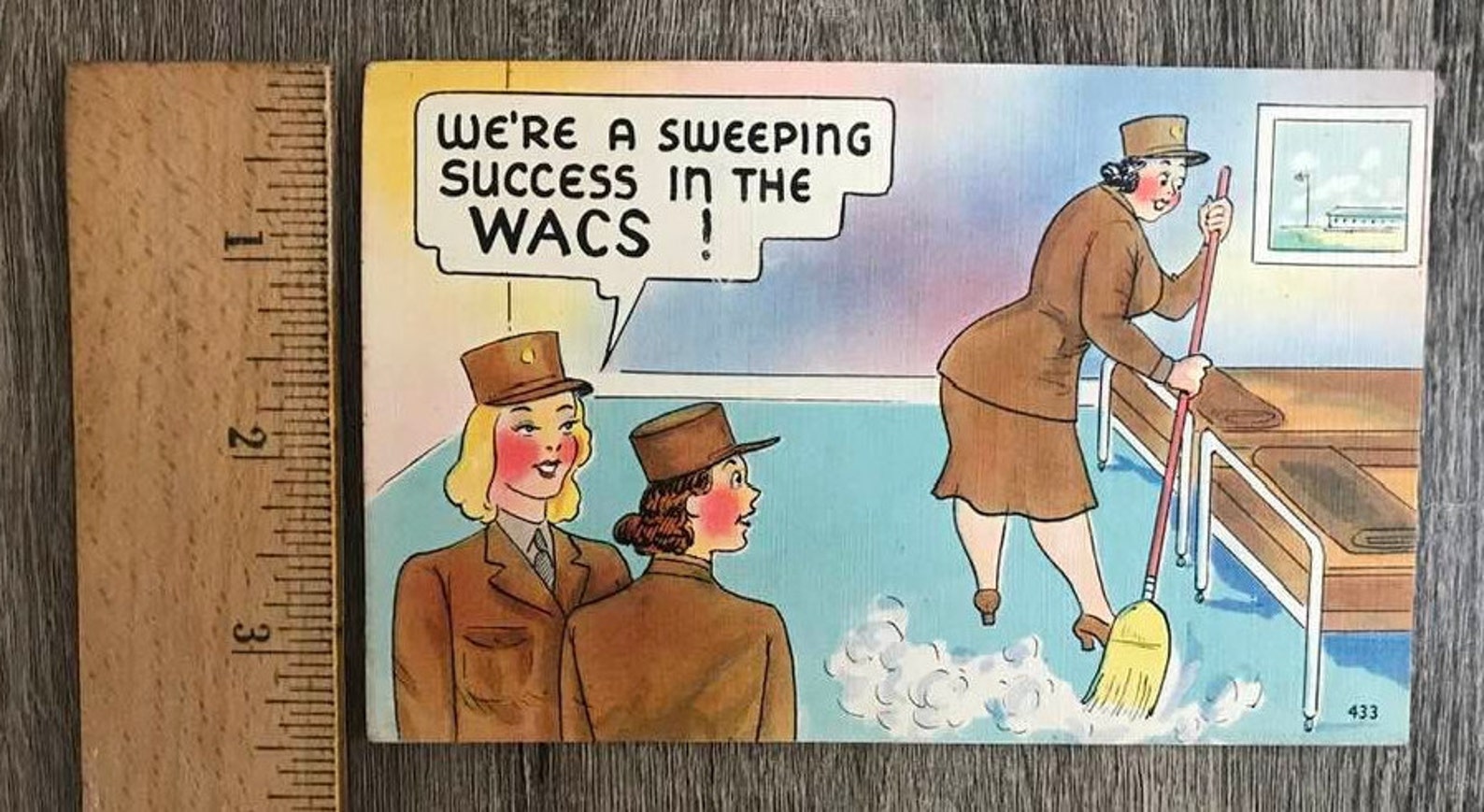 WWII Army Wacs Humor Post Card "we're a Sweeping Success in the Wacs ...