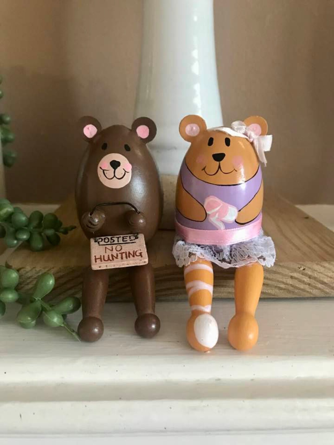 Vintage Wood Shelf Sitters - Bear Couple Pair - Wooden Hand Painted Egg ...