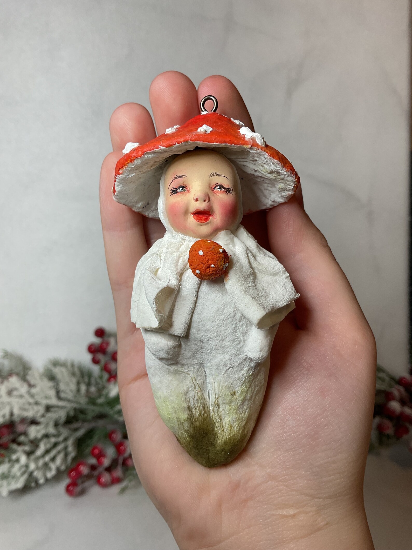 Set of 3 Spun Cotton Mushroom Sculpture Holiday Amanita Muscaria ...