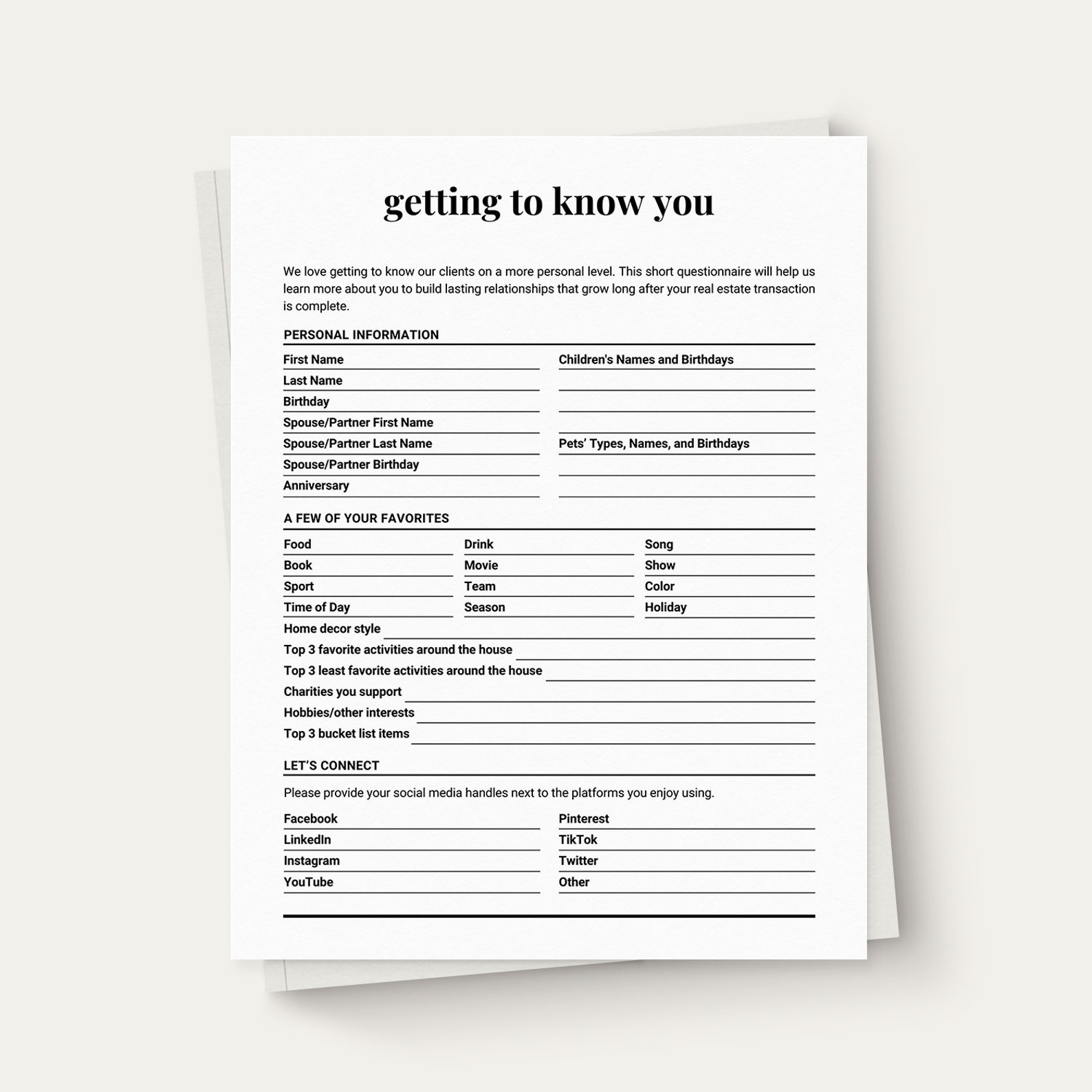 Getting to Know You, Client Intake, Client Questionnaire, Know Your ...