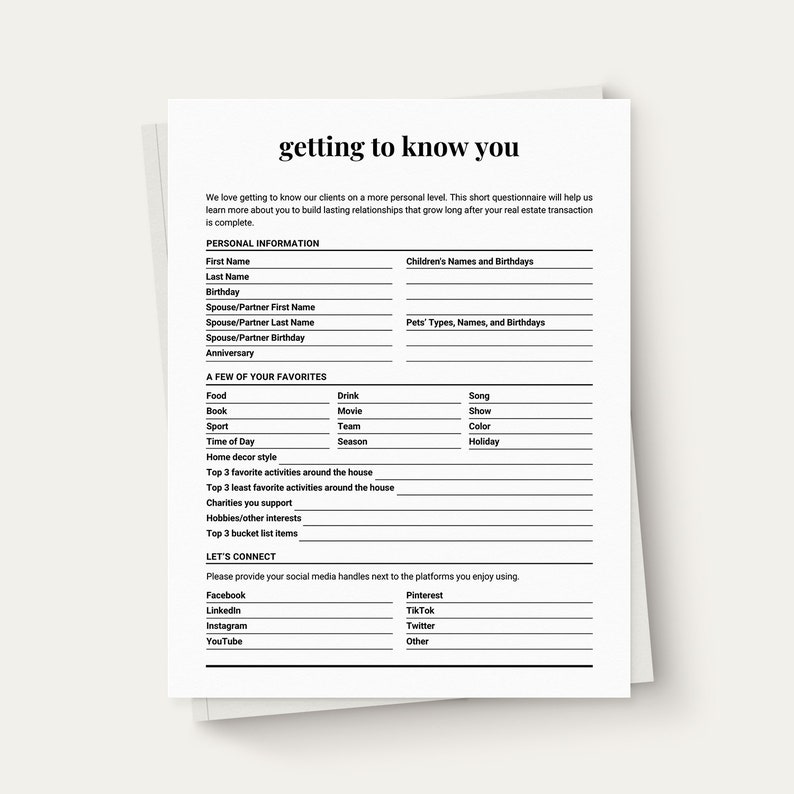 Getting to Know You, Client Intake, Client Questionnaire, Know Your ...