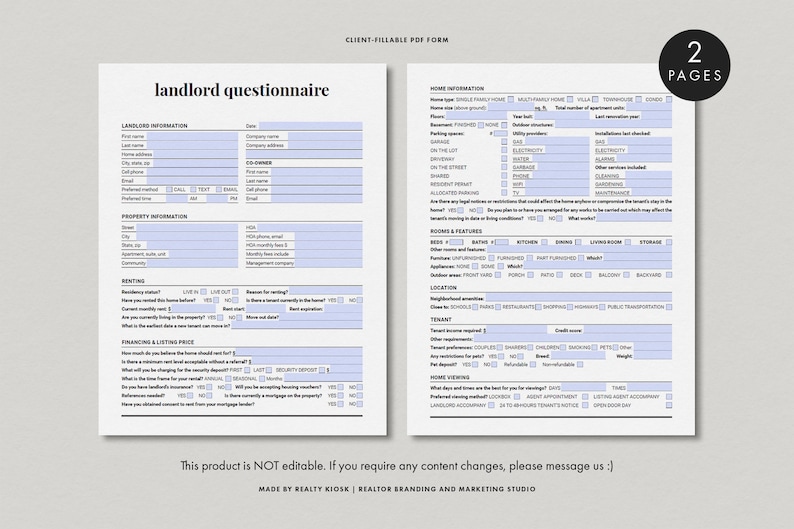 Fillable Real Estate Landlord Form, Fillable Landlord Questionnaire ...