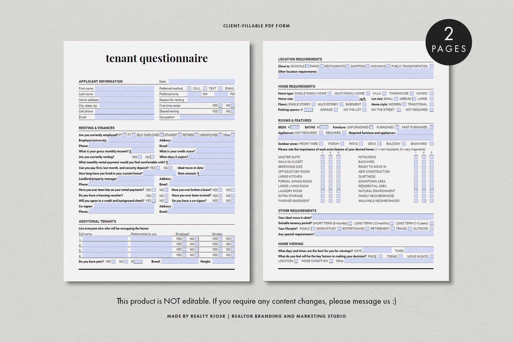 Fillable Real Estate Tenant Form Tenant Questionnaire - Etsy