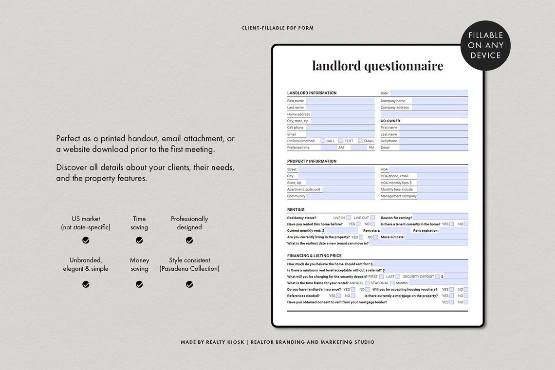 Fillable Real Estate Landlord Form, Fillable Landlord Questionnaire ...