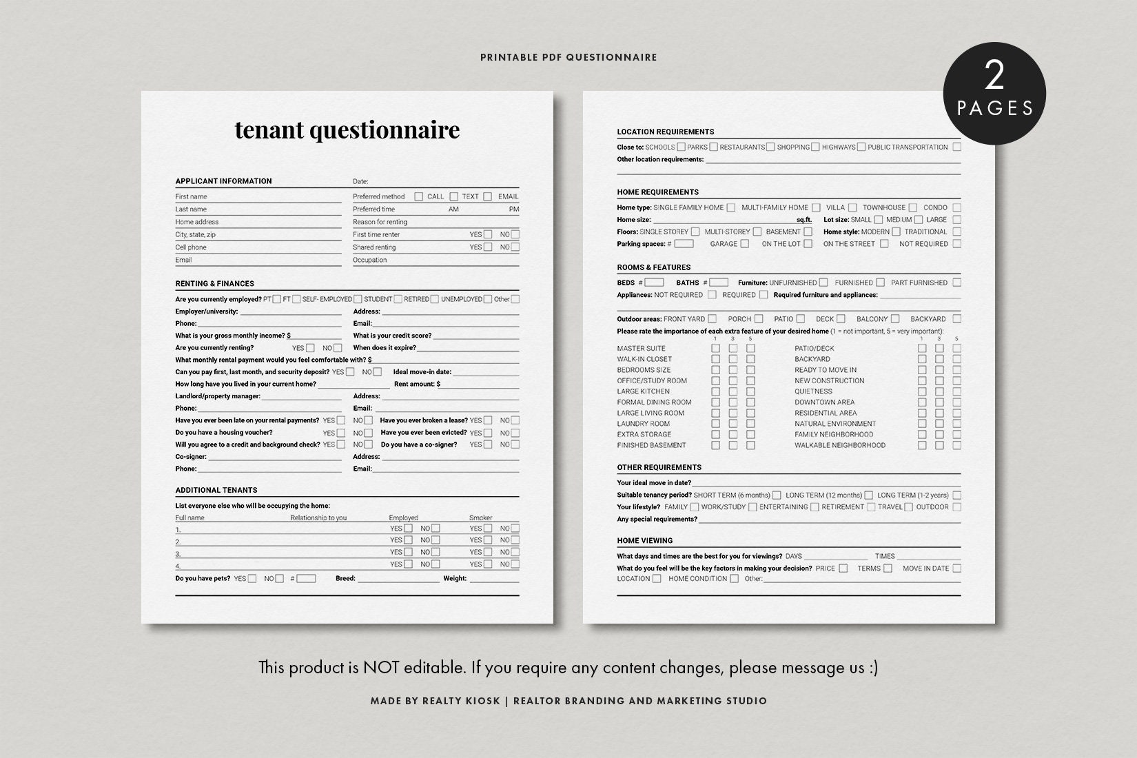 Real Estate Tenant Questionnaire, Tenant Intake Form, Client ...